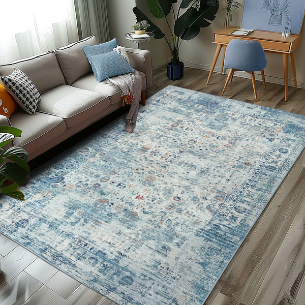 Edgar Stone Blue, Beige & Orange Machine Washable Rug and Runner