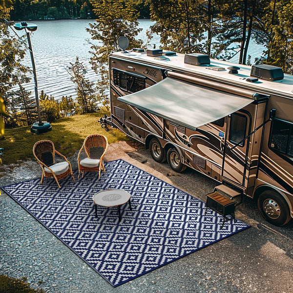 Outdoor Camping Rug | Blue & White RV Patio Mat, Picnic Blanket, Beach ...