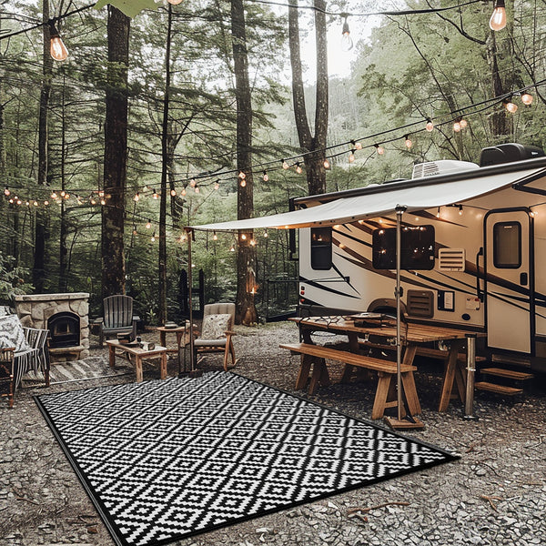 Durable Outdoor Rug | Camping Mat, RV Patio Rug | Black & White Diamond ...