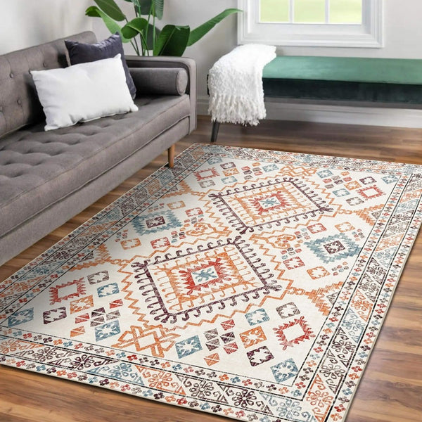 Vernal Yonker Orange/Blue/Cream Machine Washable Rug - For Living Room